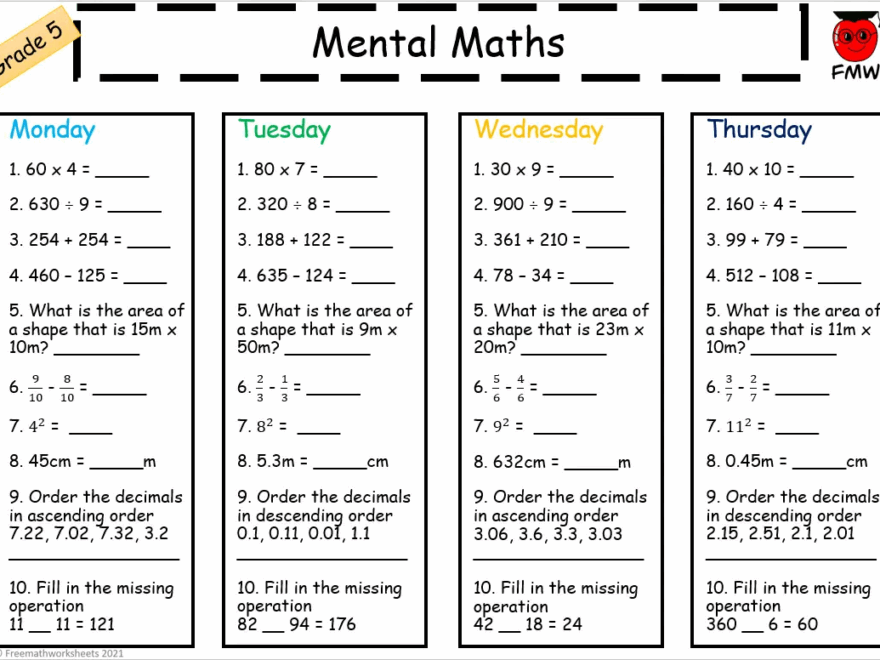 Free 5th Grade Math Worksheets Free 5th Grade Math Worksheets